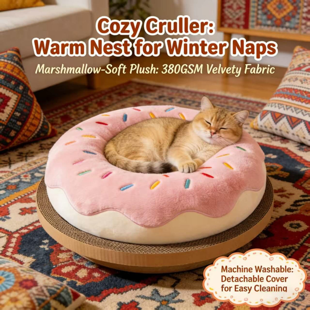 Cat Bed, Donut Shape, Plush Material, White/Pink, Pastry-Themed, Swee