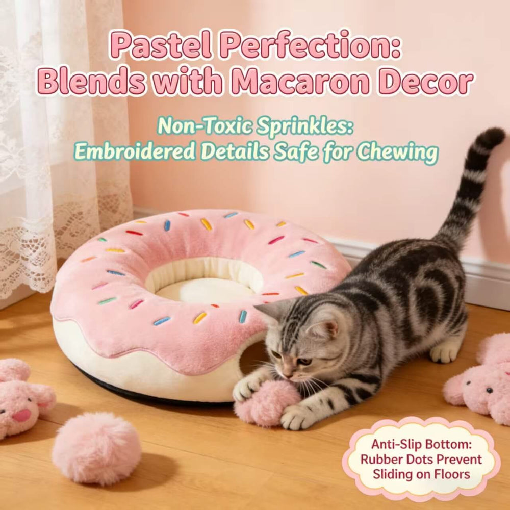 Cat Bed, Donut Shape, Plush Material, White/Pink, Pastry-Themed, Swee