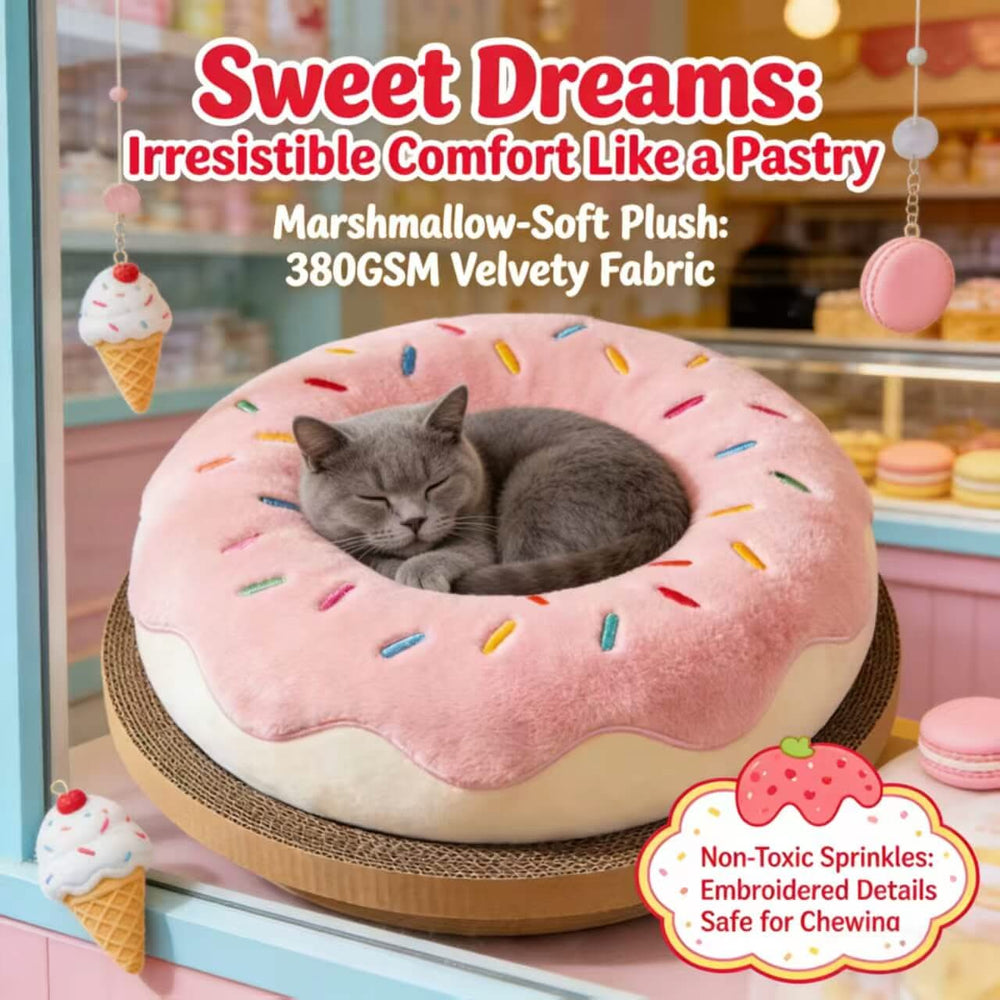 Cat Bed, Donut Shape, Plush Material, White/Pink, Pastry-Themed, Swee