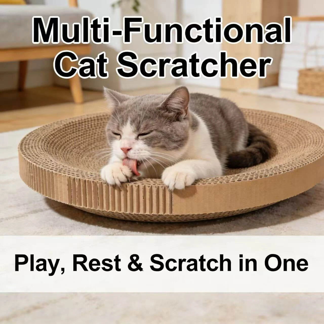 Durable Corrugated Cat Scratcher Bed, 66cm 3-in-1 Scratch/Sleep/Play f