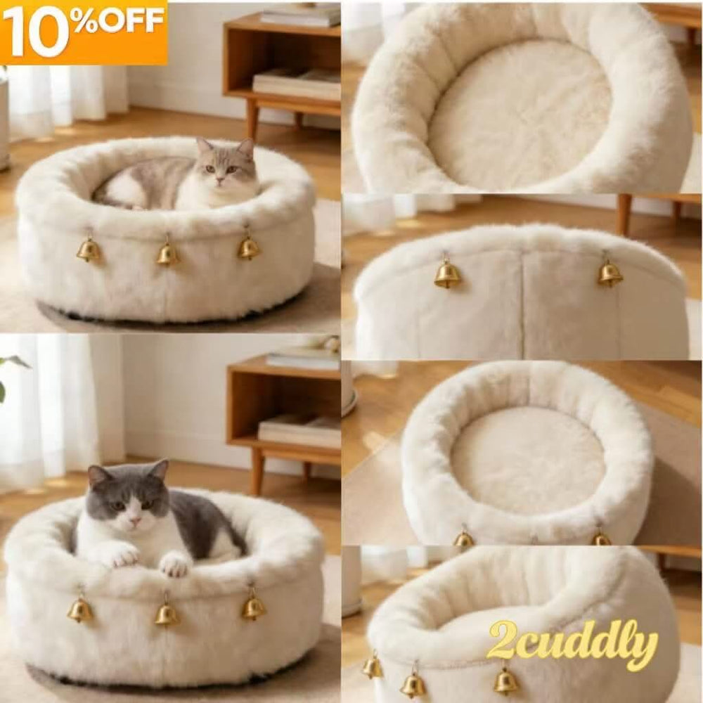 Furry Pet Bed for Cats - White, Round, Gold Bell Decor, Soft Plush
