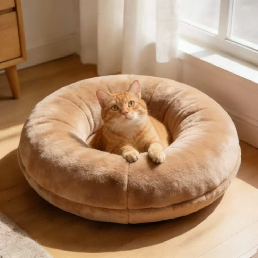 Plush Round Pet Bed for Cats - Soft, Beige, Cozy Cushion, All-Season
