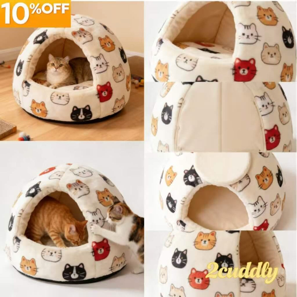 Adorable Cat-Print Pet Cave Bed for Cats - Plush, Cozy Hiding Spot, Mu