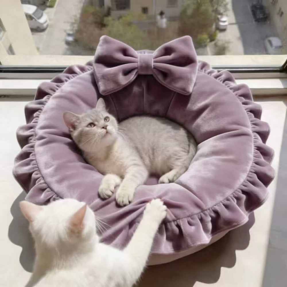 Soft Velvet Pet Bed for Cats - Lavender, Round, Bow Decor, Ruffled Tri