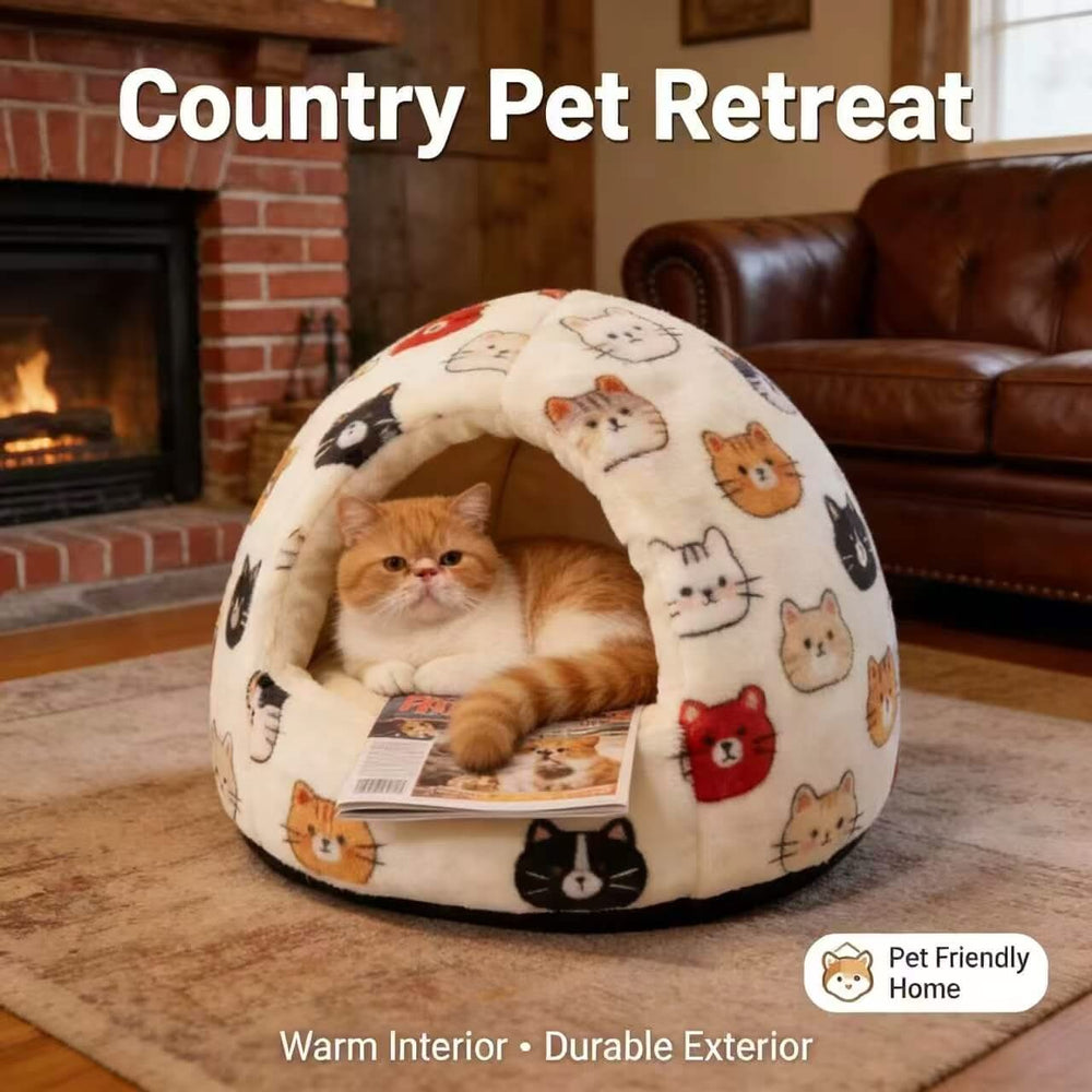 Adorable Cat-Print Pet Cave Bed for Cats - Plush, Cozy Hiding Spot, Mu