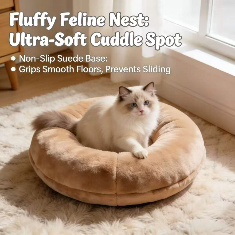 Plush Round Pet Bed for Cats - Soft, Beige, Cozy Cushion, All-Season